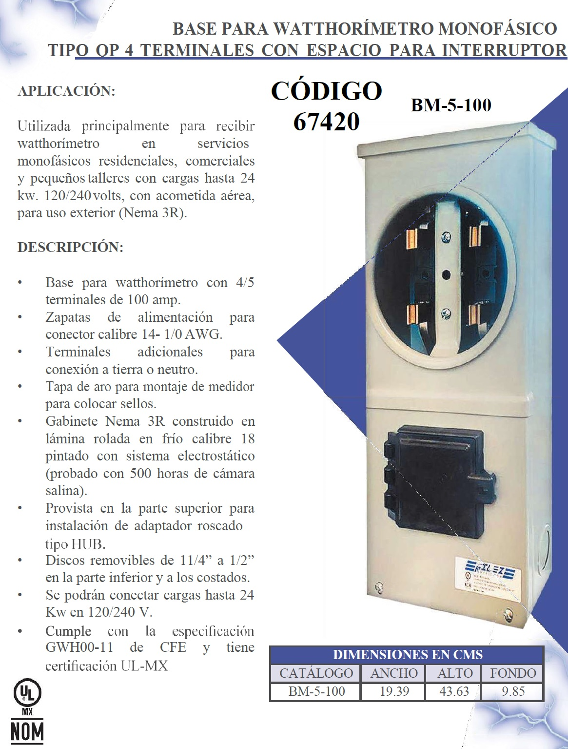 Base para medidor 100A 120/240V Nema 3R UL MX Rilez BM-5-100 ...